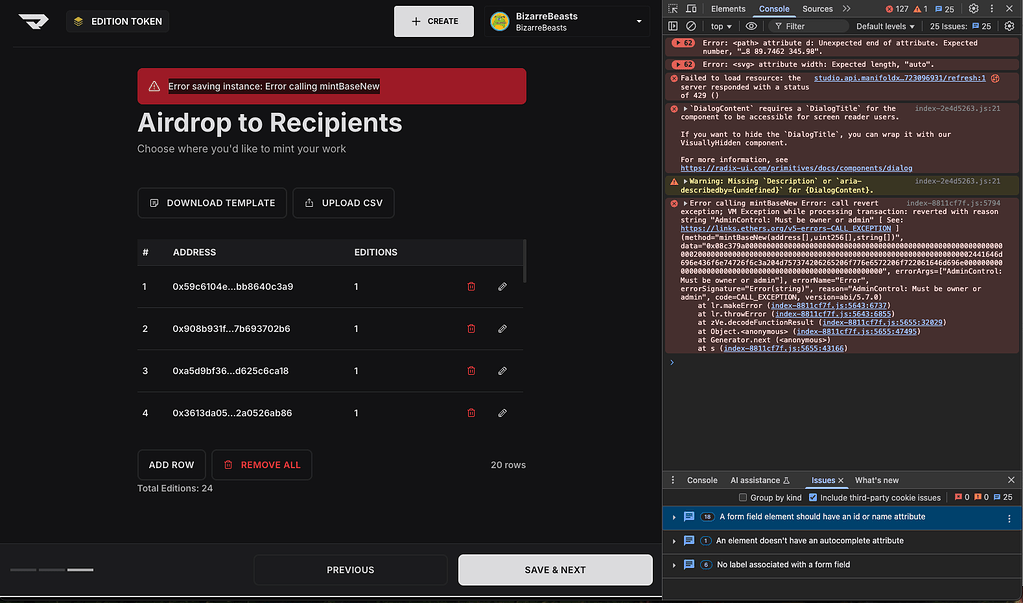 Error calling mintBaseNew - Manifold Support - Manifold Community Forum